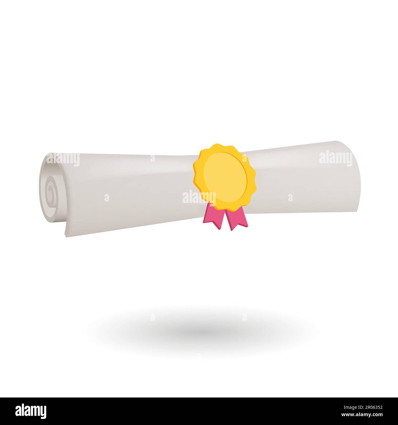 Diploma, close up of paper scroll with red ribbon and golden medal ...