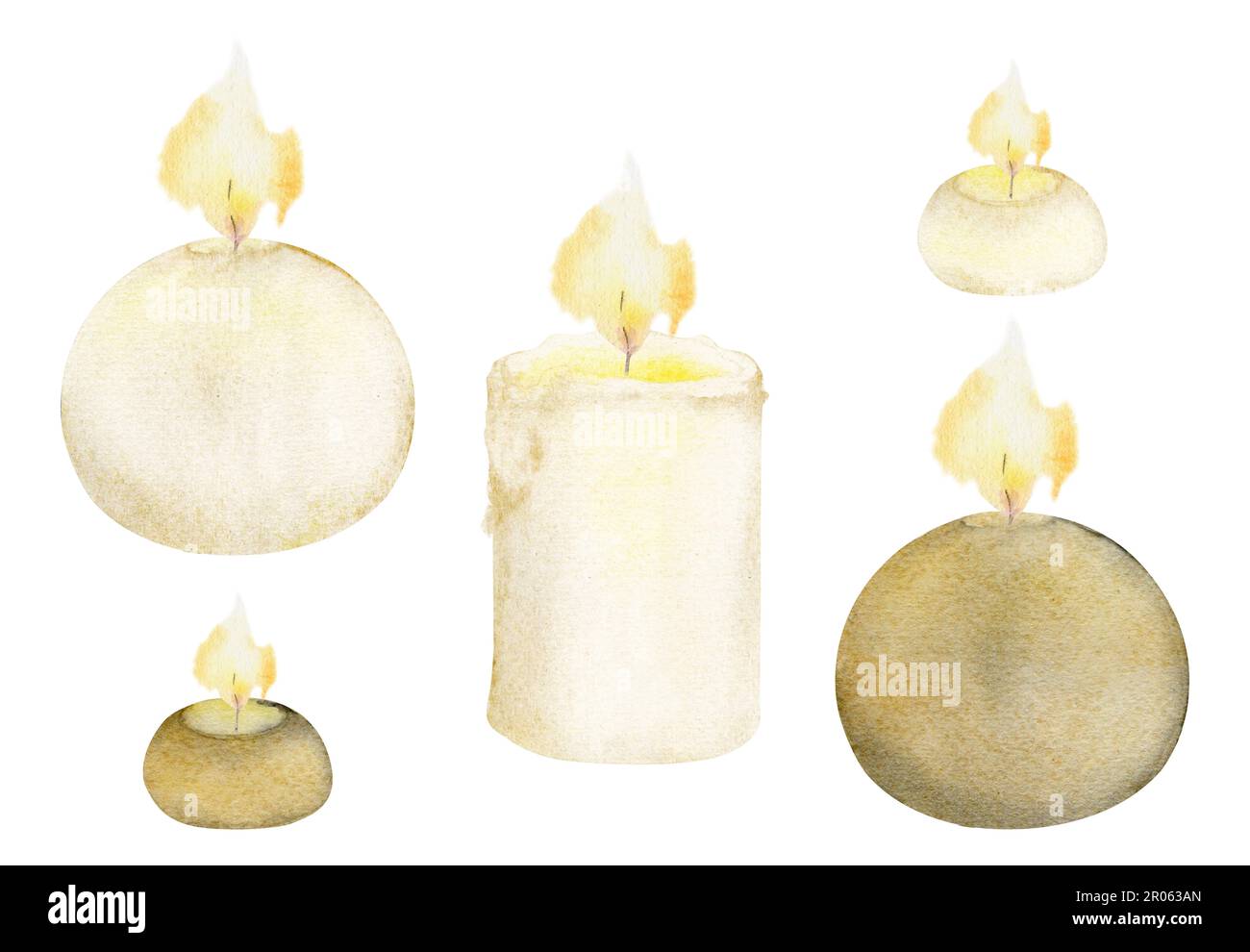Hand drawn watercolor assorted candles lit with flames. Votives, balls ...