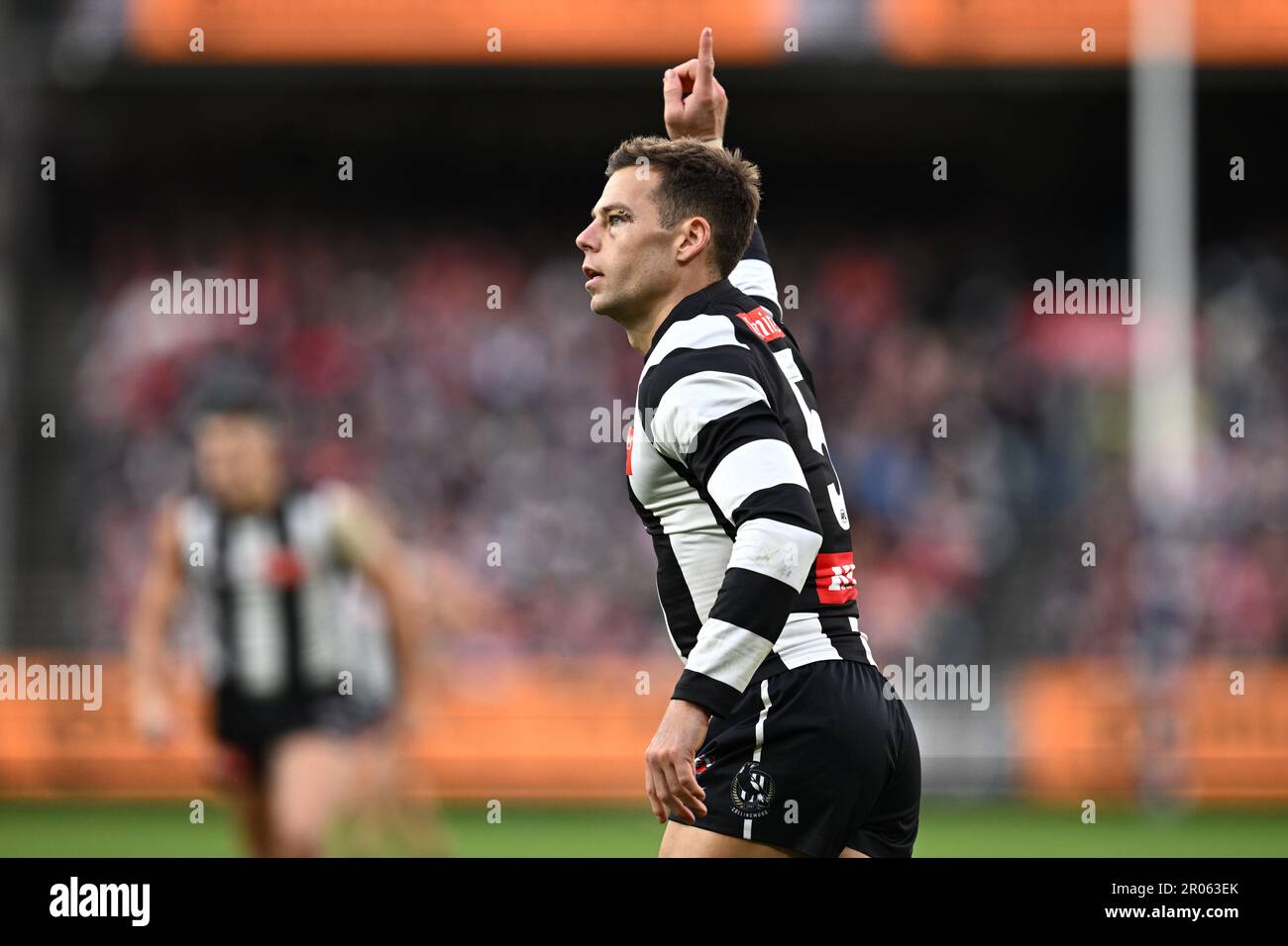 Jamie Elliott of Collingwood celebrates scoring a goal during the AFL ...