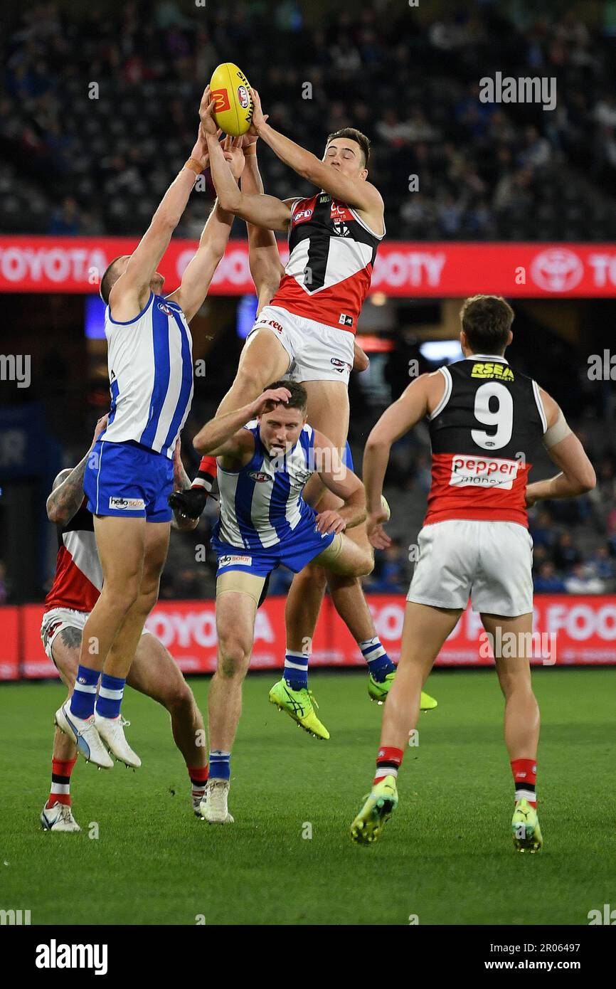 Cooper Sharman of the Saints jumps for a mark during the AFL Round 8 ...