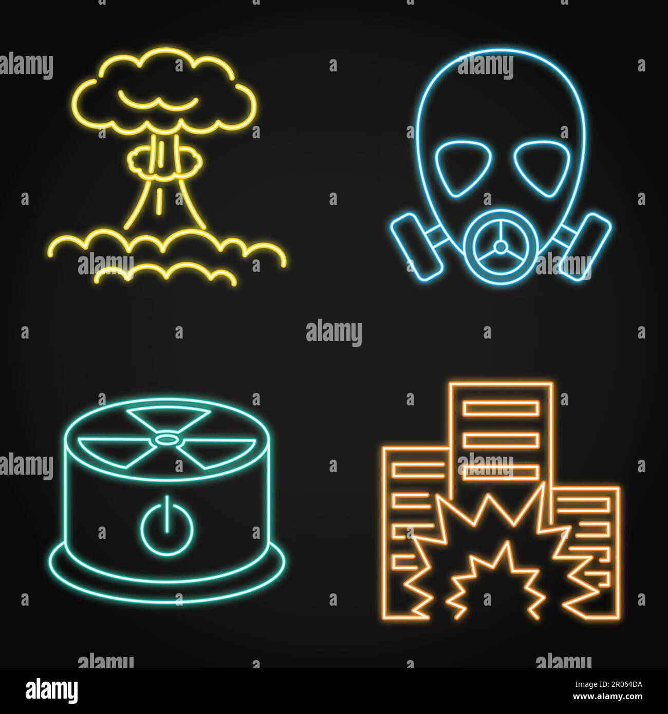 Nuclear explosion neon icon set in line style. Atomic bomb, house ...