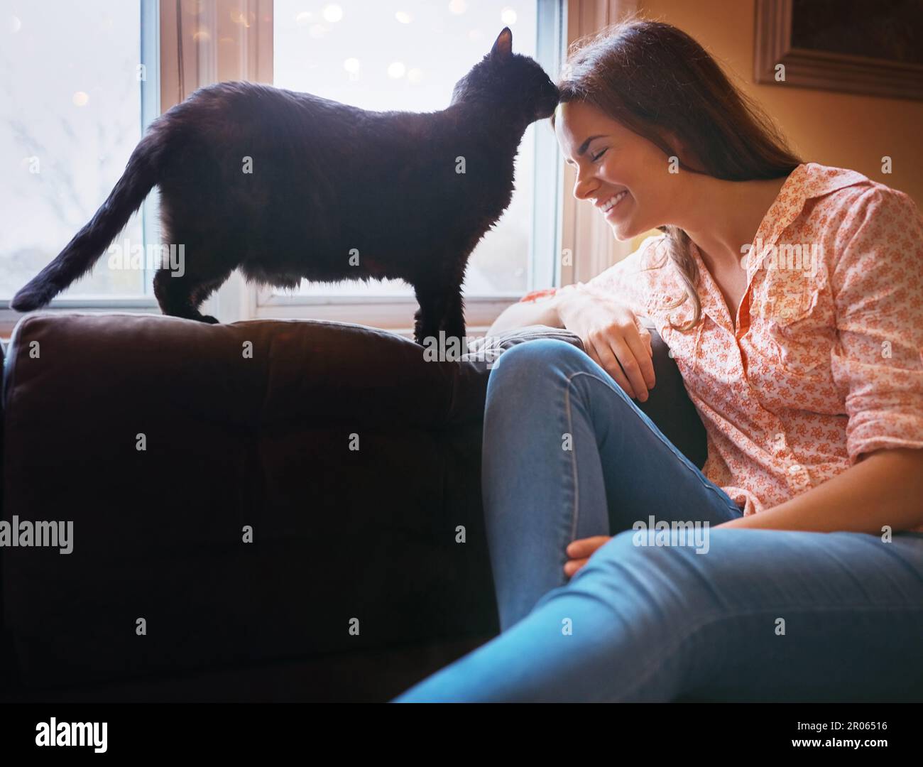 Nothing more true than a cats love. an attractive young woman relaxing ...