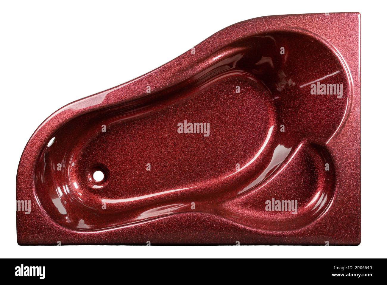 Corner acrylic red bathtub with metal particlesthat create a shimmer at ...