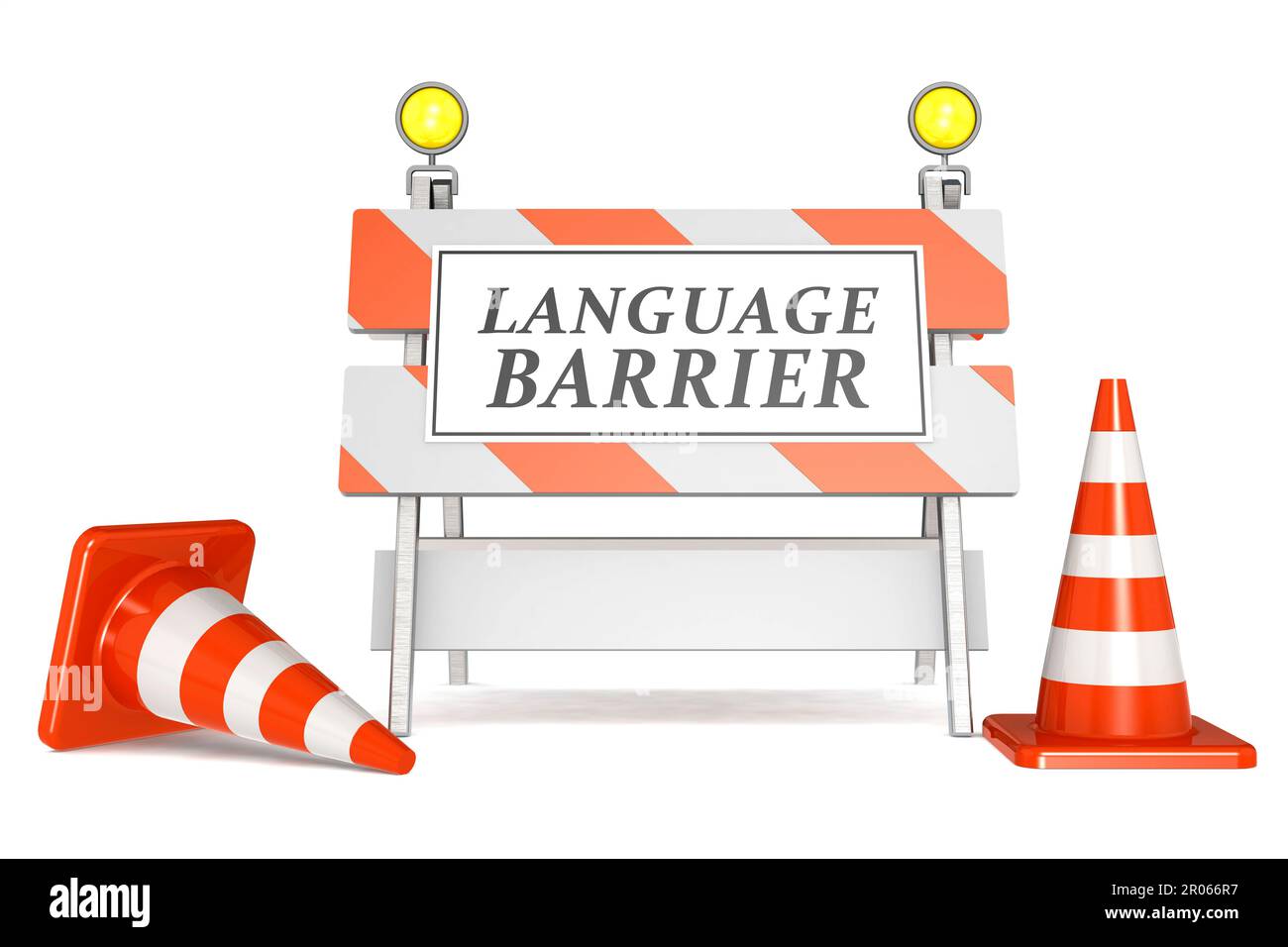 Language barrier sign on barricade and traffic cones, 3D rendering ...