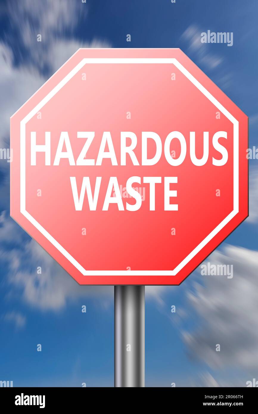 Red road sign with hazardous waste word, 3d rendering Stock Photo - Alamy
