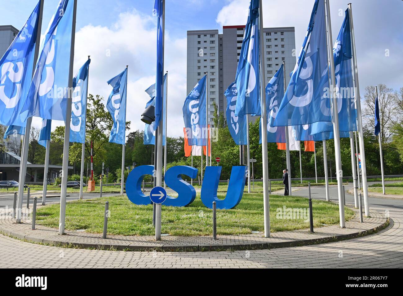 Nuremberg, Deutschland. 06th May, 2023. CSU logo and flags, flags in a ...
