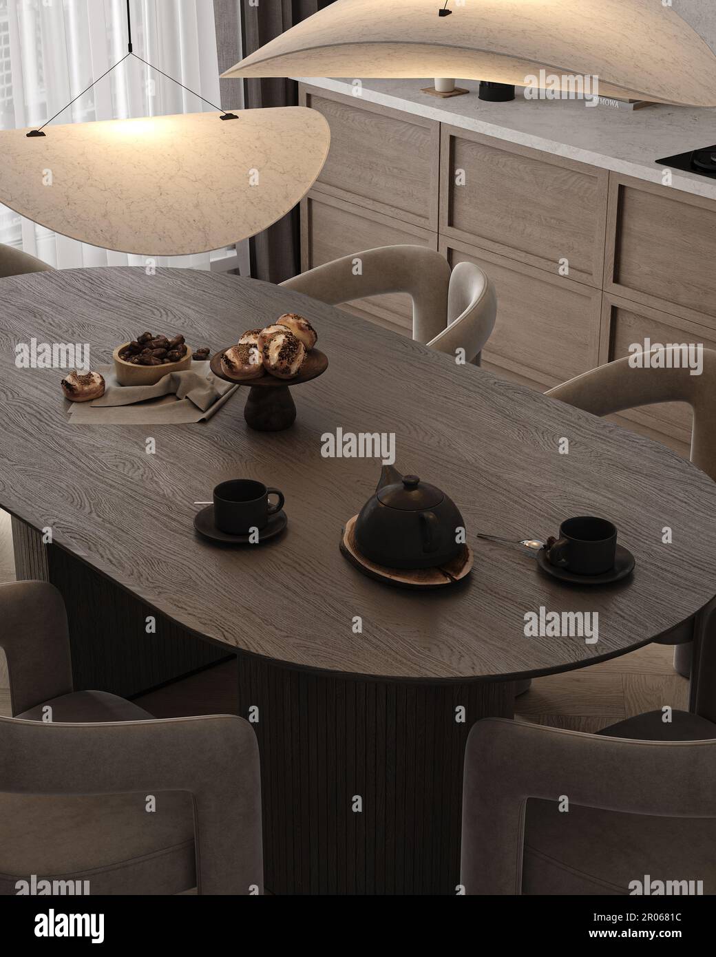 Modern style diningroom interior design. Large wooden table with dishes ...