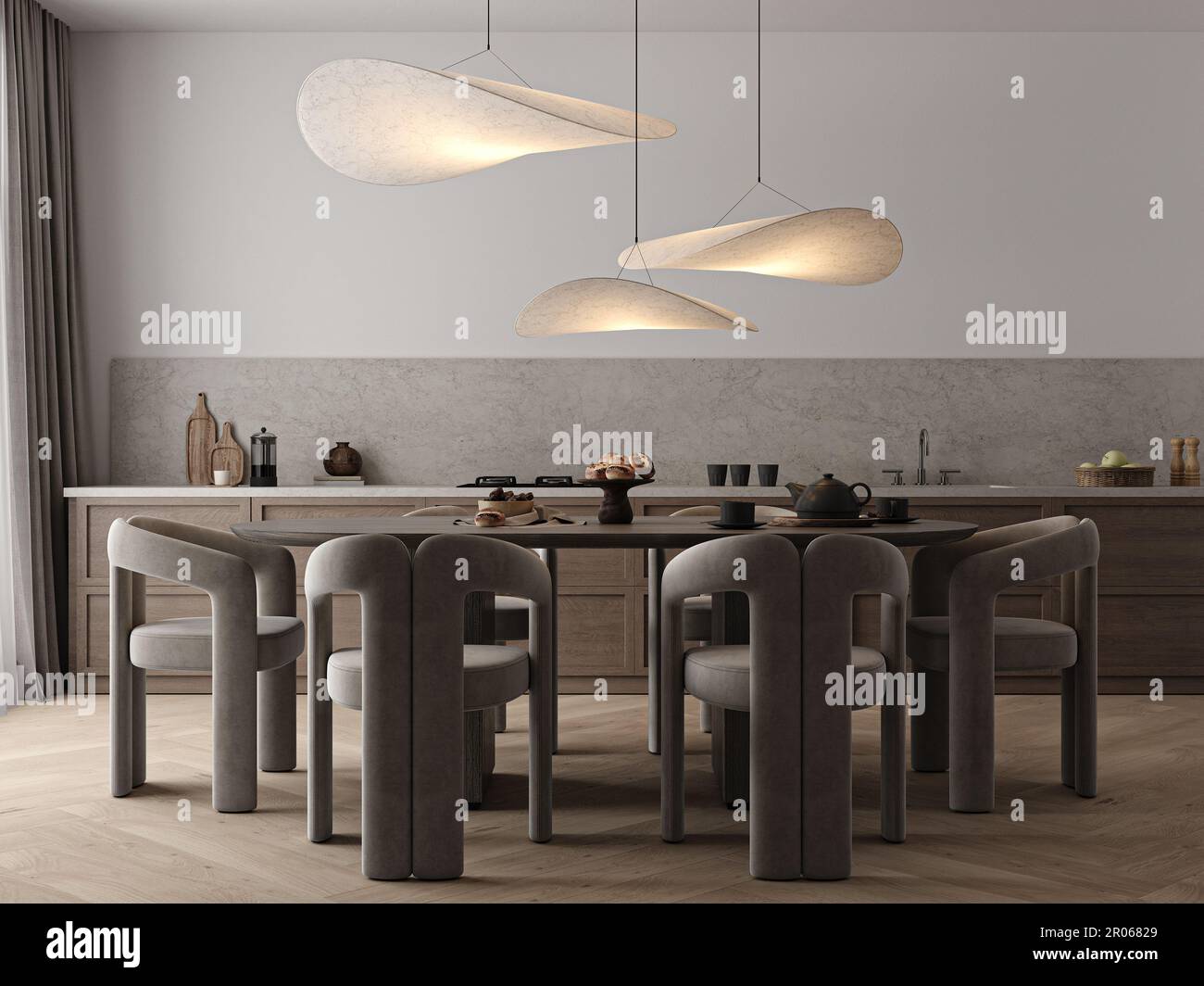 Modern style kitchen interior design. Decoration large dining table ...