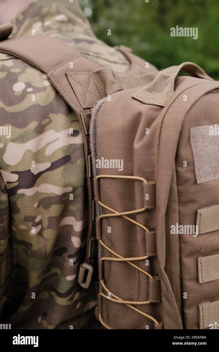 Close-up of Tactical Backpack Details on Soldier in Forest Stock Photo ...