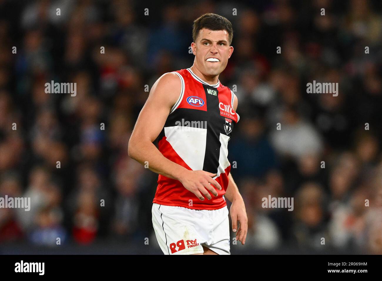 Rowan Marshall of the Saints reacts to an injury during the AFL Round 8 ...