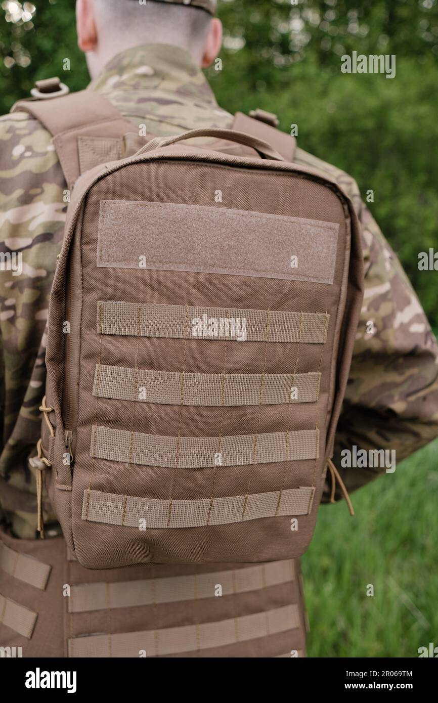 Close-up of Tactical Backpack Details on Soldier in Forest Stock Photo ...