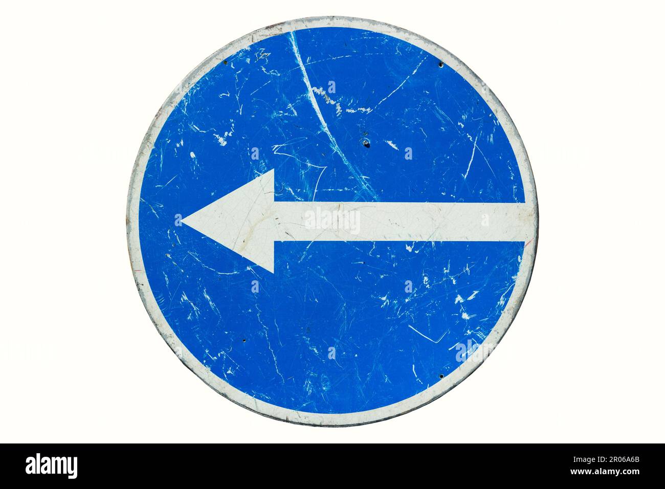Round scratched road sign 'Turn left' isolated on white Stock Photo - Alamy