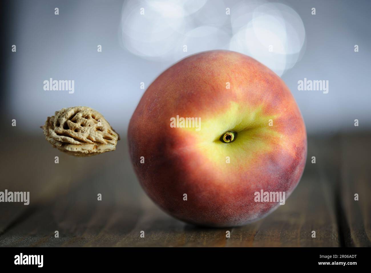photo of a ripe red peach represents before and after, life and death ...