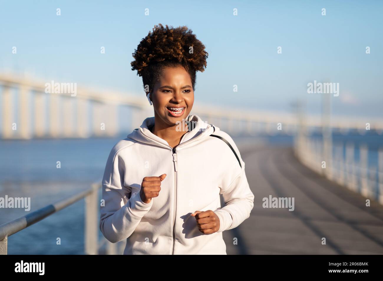 Jogging Joy. Closeup Portrait Of Young Black Female Athlete Making ...