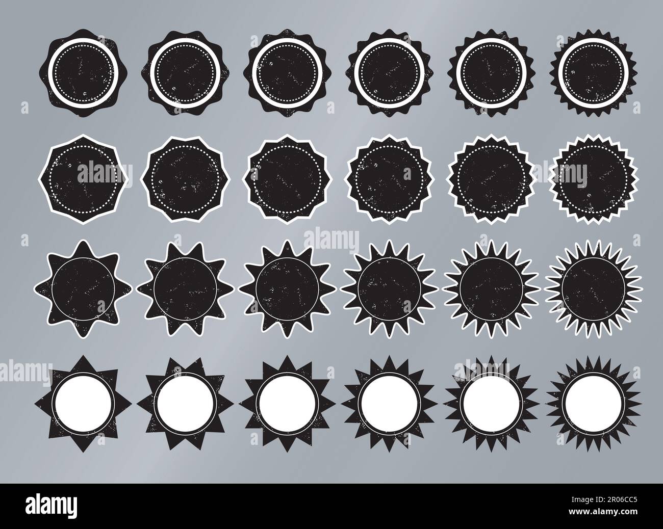 Set of star shapes, black color with grunge texture, white trim and ...