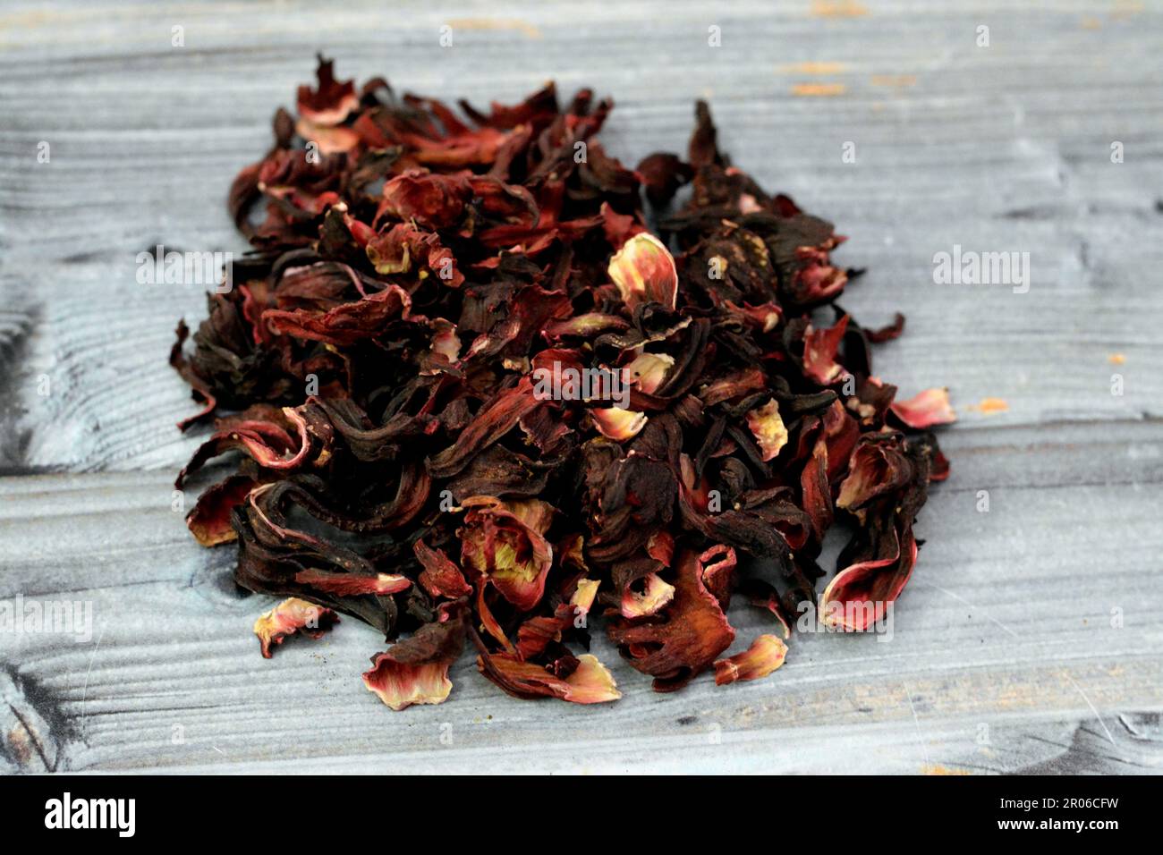 Dried Roselle herbs isolated, a dark red-purple colored bissap wonjo ...