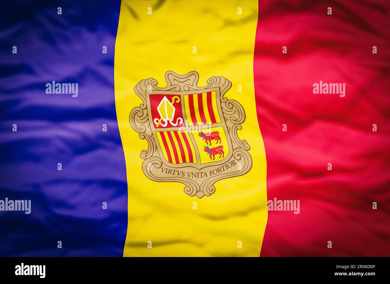 Andorra flag on a fabric wavy background. Wavy flag of Andorra fills ...