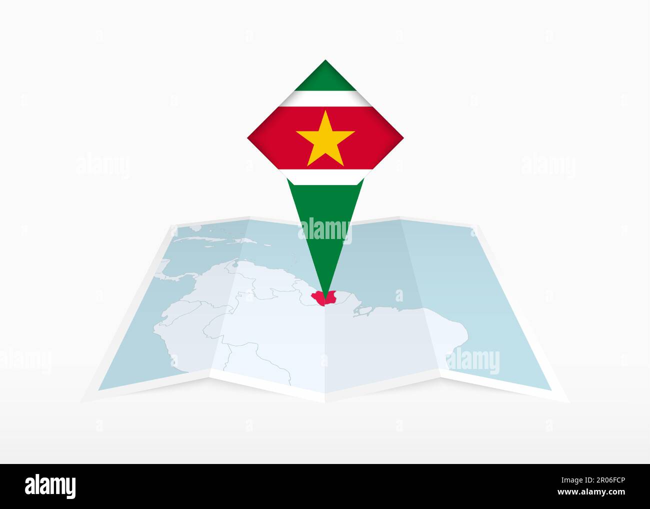 Suriname is depicted on a folded paper map and pinned location marker with flag of Suriname ...