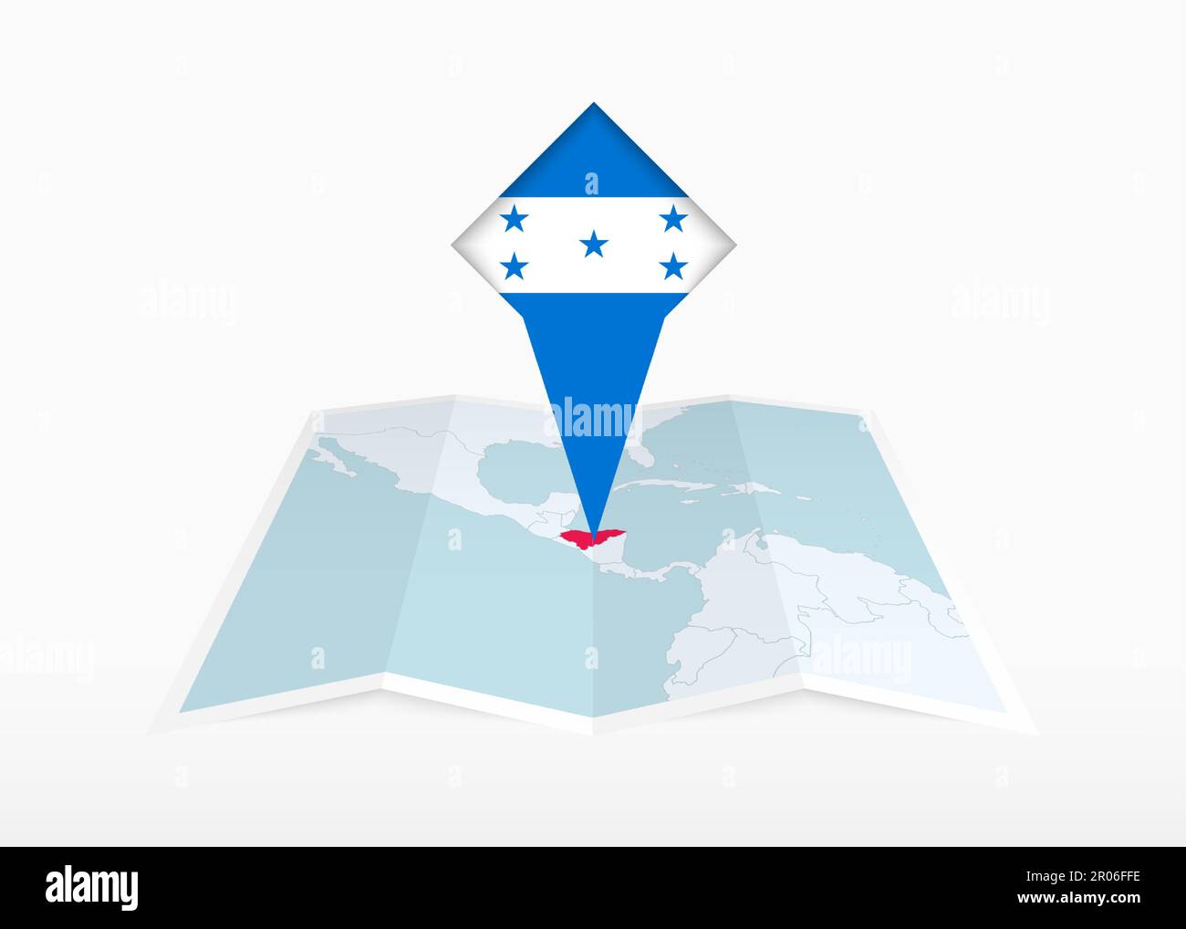 Honduras is depicted on a folded paper map and pinned location marker ...