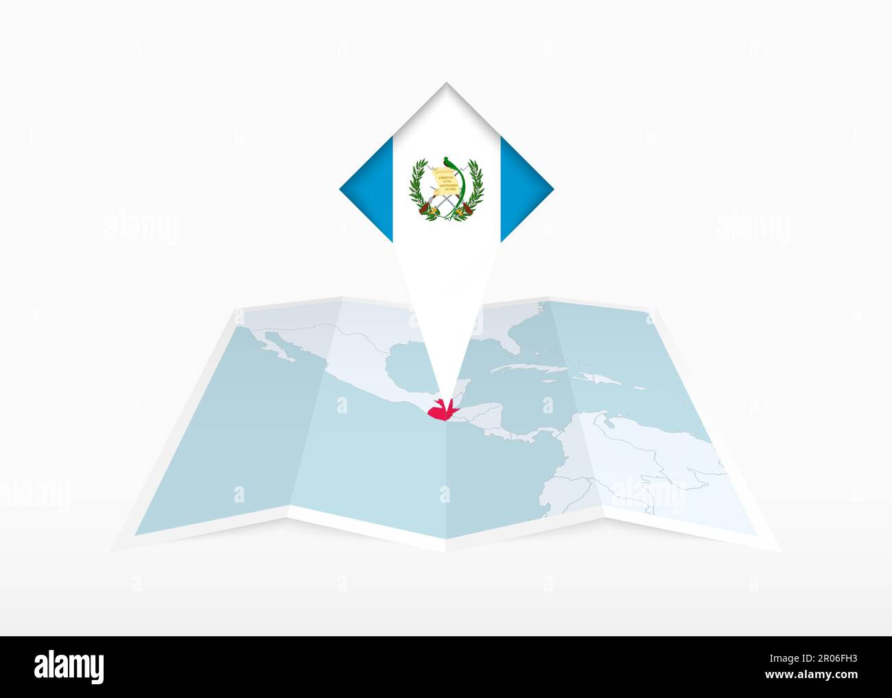 Guatemala is depicted on a folded paper map and pinned location marker with flag of Guatemala ...