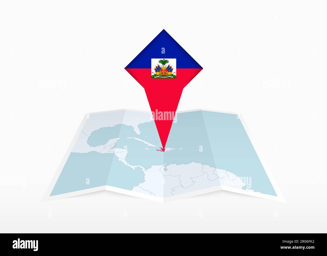 Haiti is depicted on a folded paper map and pinned location marker with flag of Haiti. Folded ...