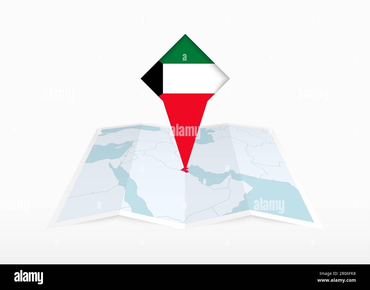 Kuwait is depicted on a folded paper map and pinned location marker with flag of Kuwait. Folded ...