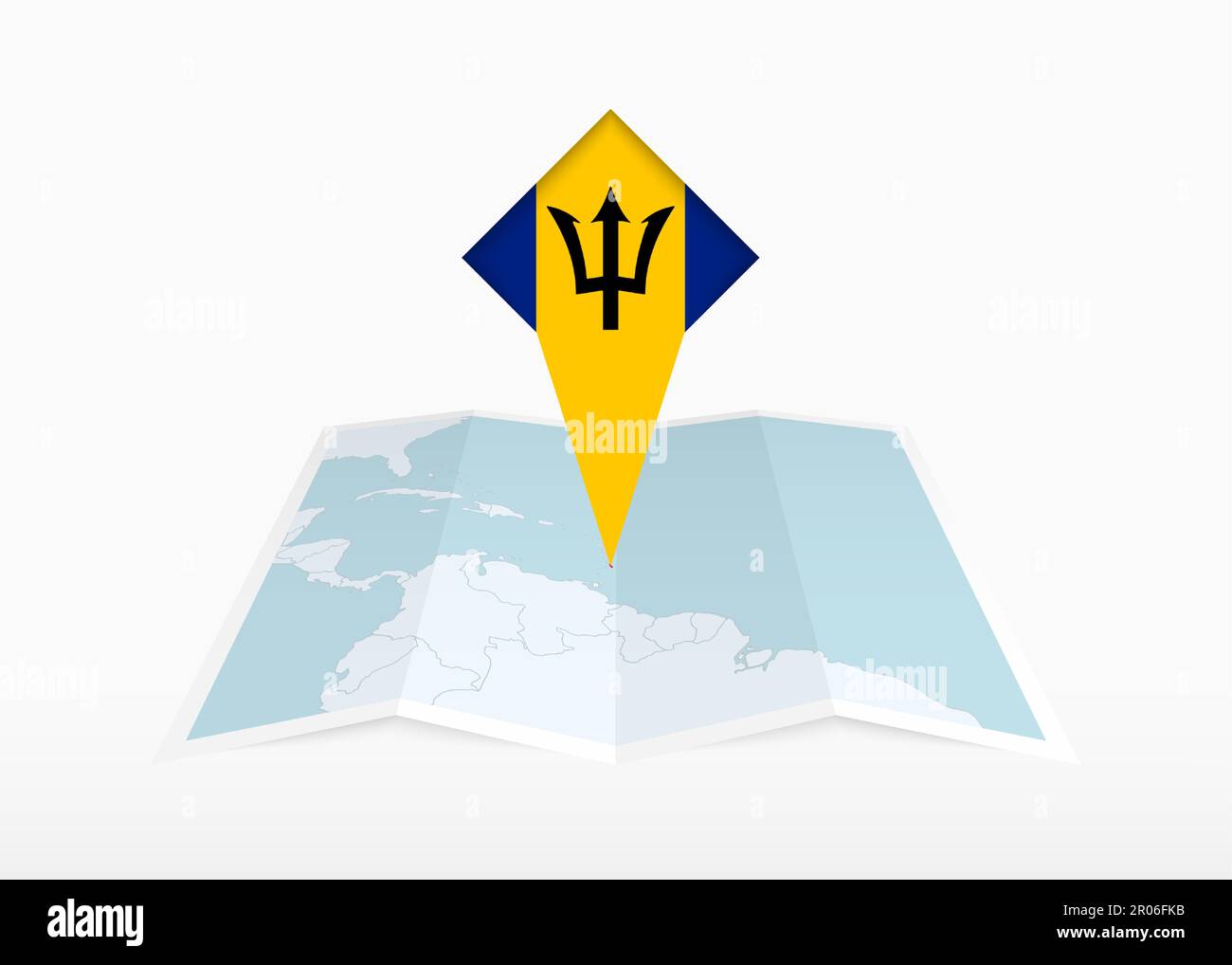 Barbados is depicted on a folded paper map and pinned location marker ...