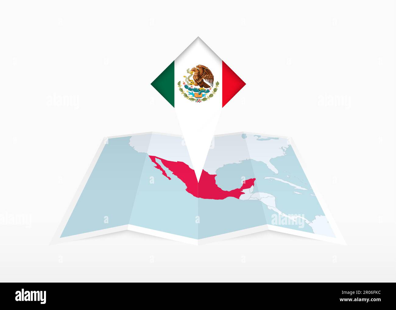 Mexico is depicted on a folded paper map and pinned location marker ...