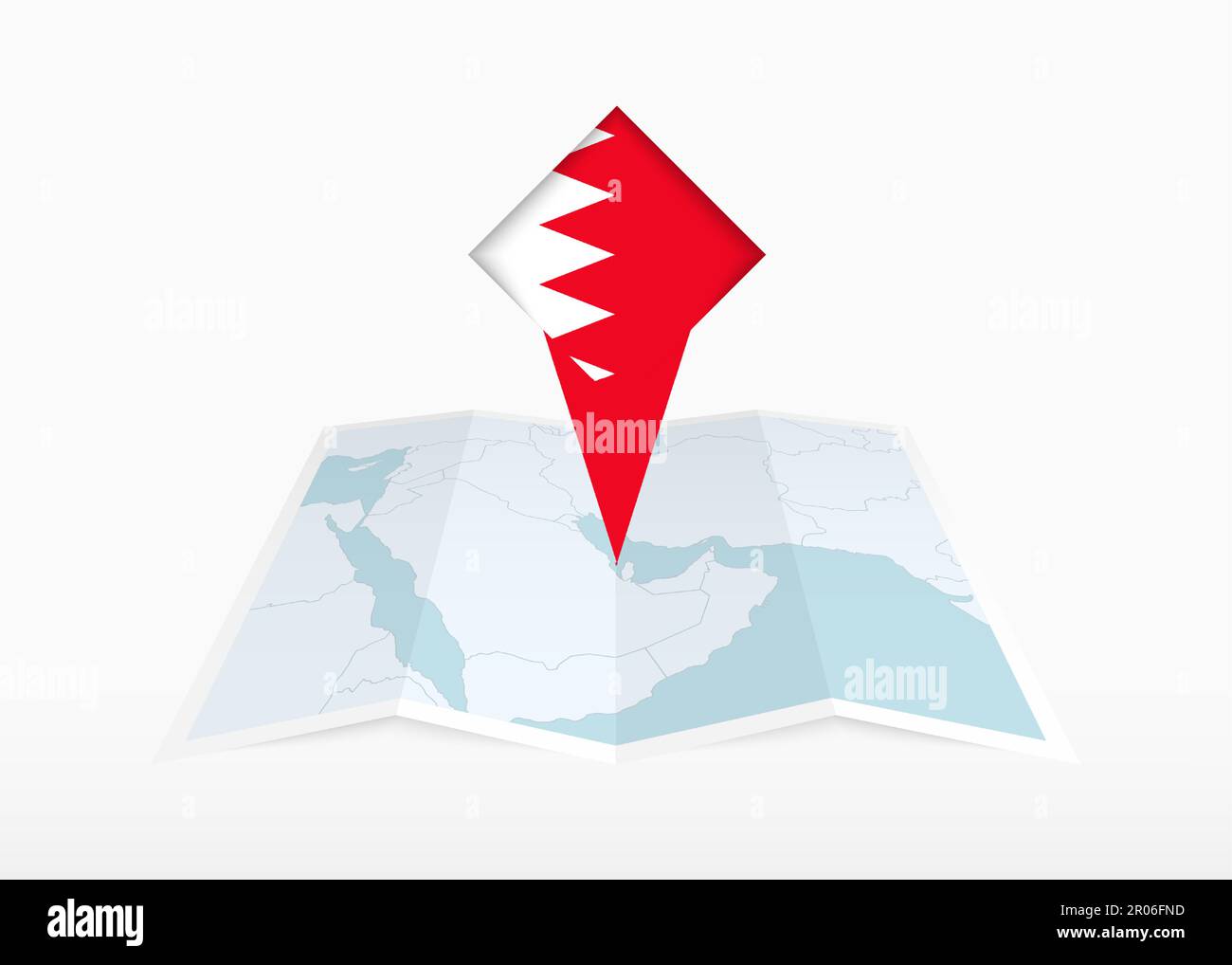 Bahrain is depicted on a folded paper map and pinned location marker with flag of Bahrain ...