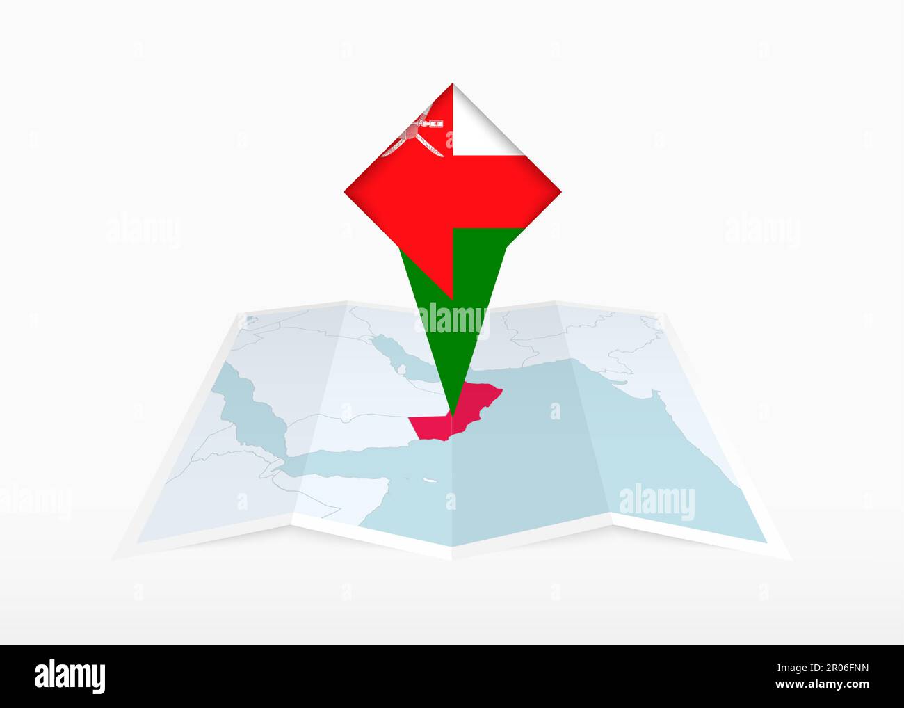 Oman is depicted on a folded paper map and pinned location marker with flag of Oman. Folded ...
