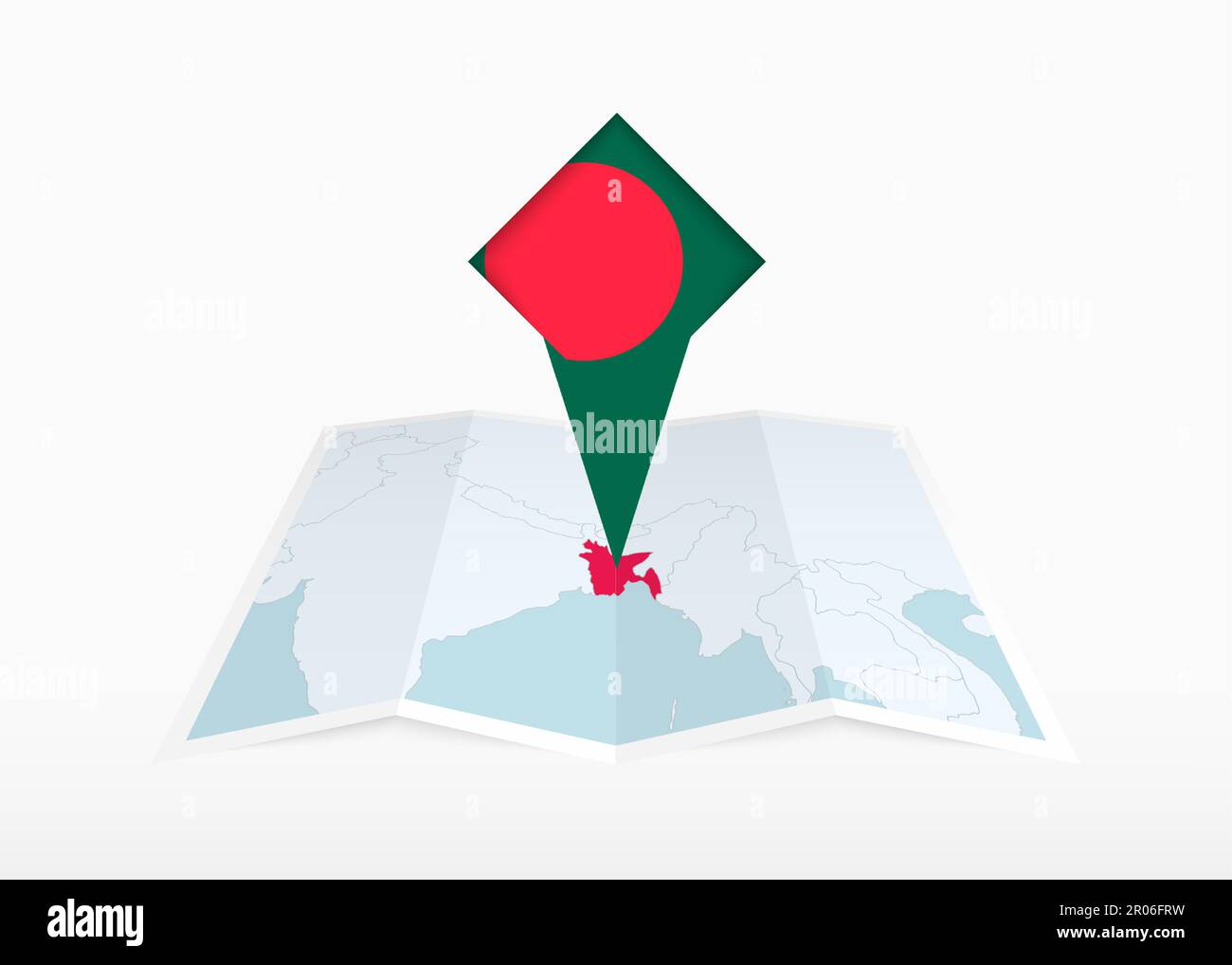 Bangladesh is depicted on a folded paper map and pinned location marker ...