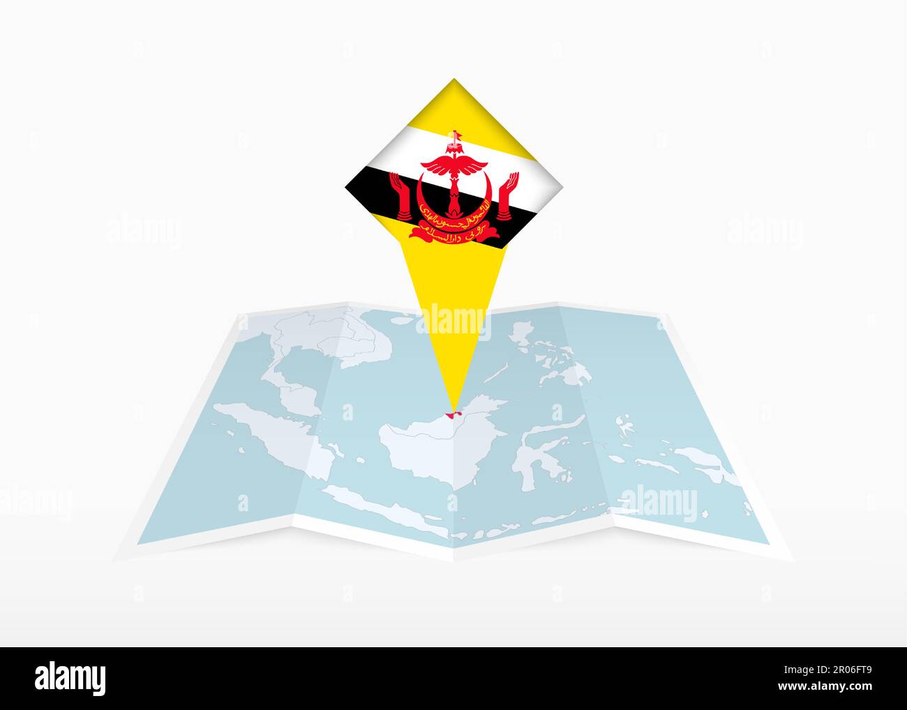 Brunei is depicted on a folded paper map and pinned location marker with flag of Brunei. Folded ...