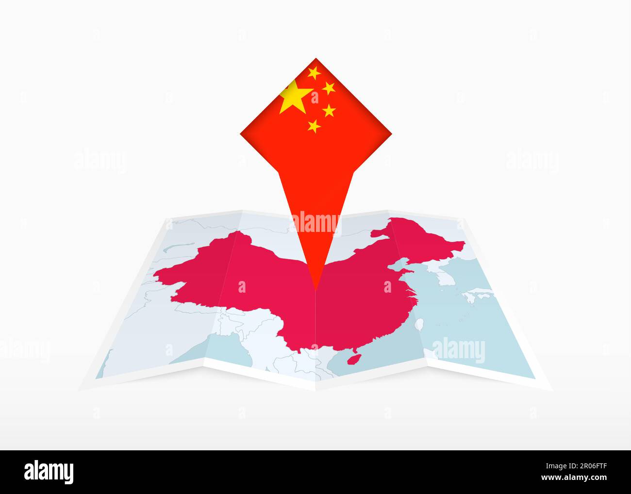China is depicted on a folded paper map and pinned location marker with ...