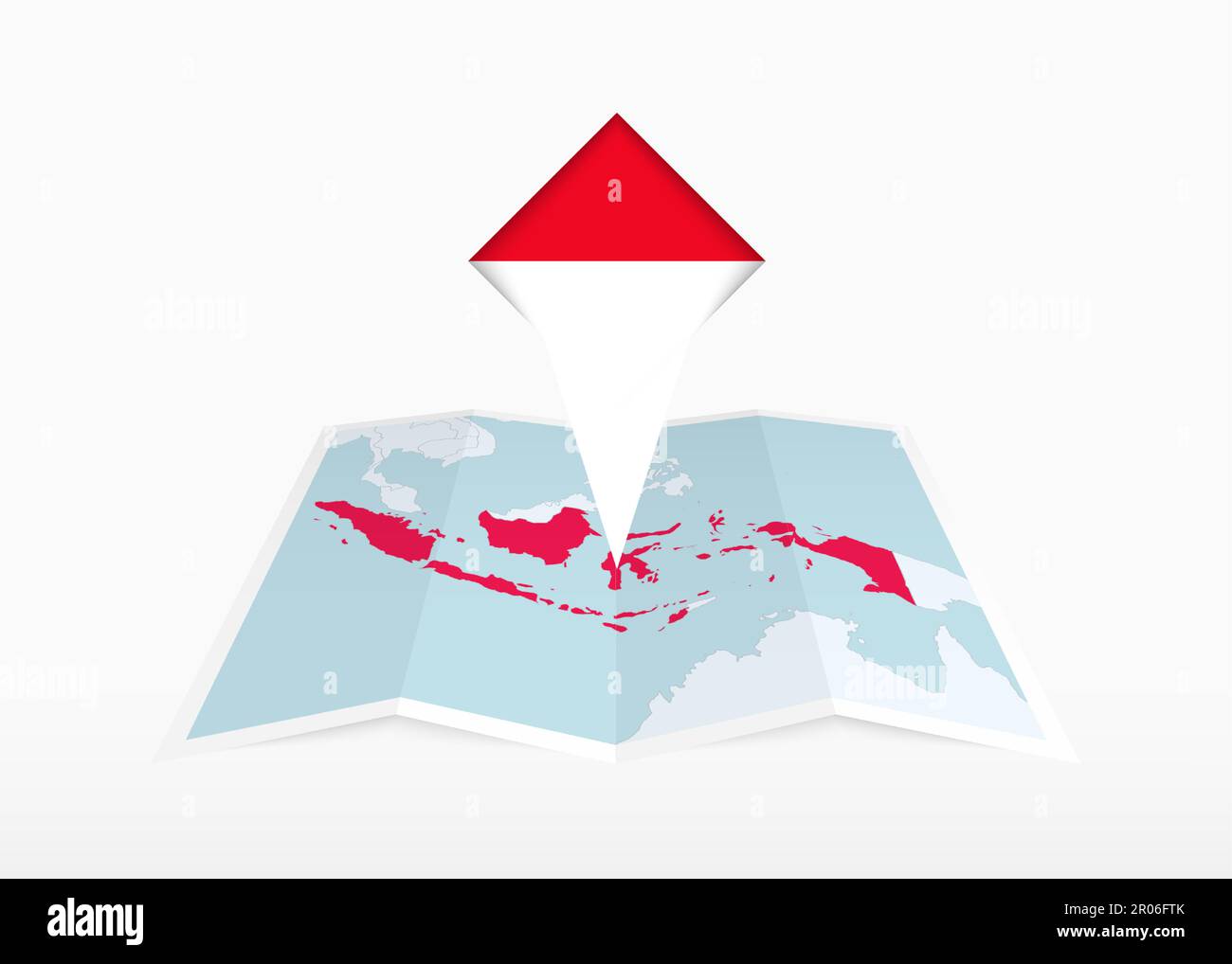 Indonesia is depicted on a folded paper map and pinned location marker ...