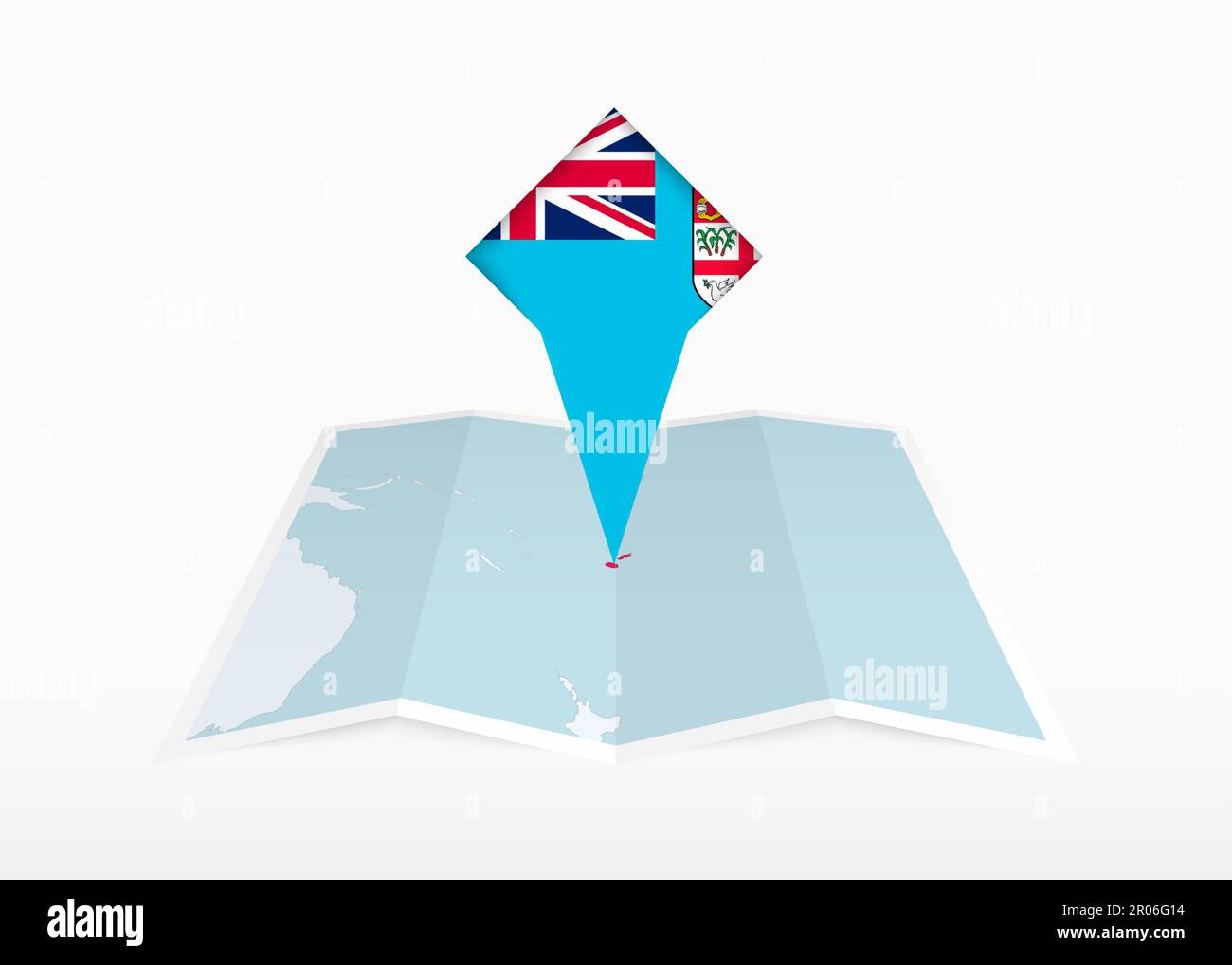 Fiji is depicted on a folded paper map and pinned location marker with flag of Fiji. Folded ...