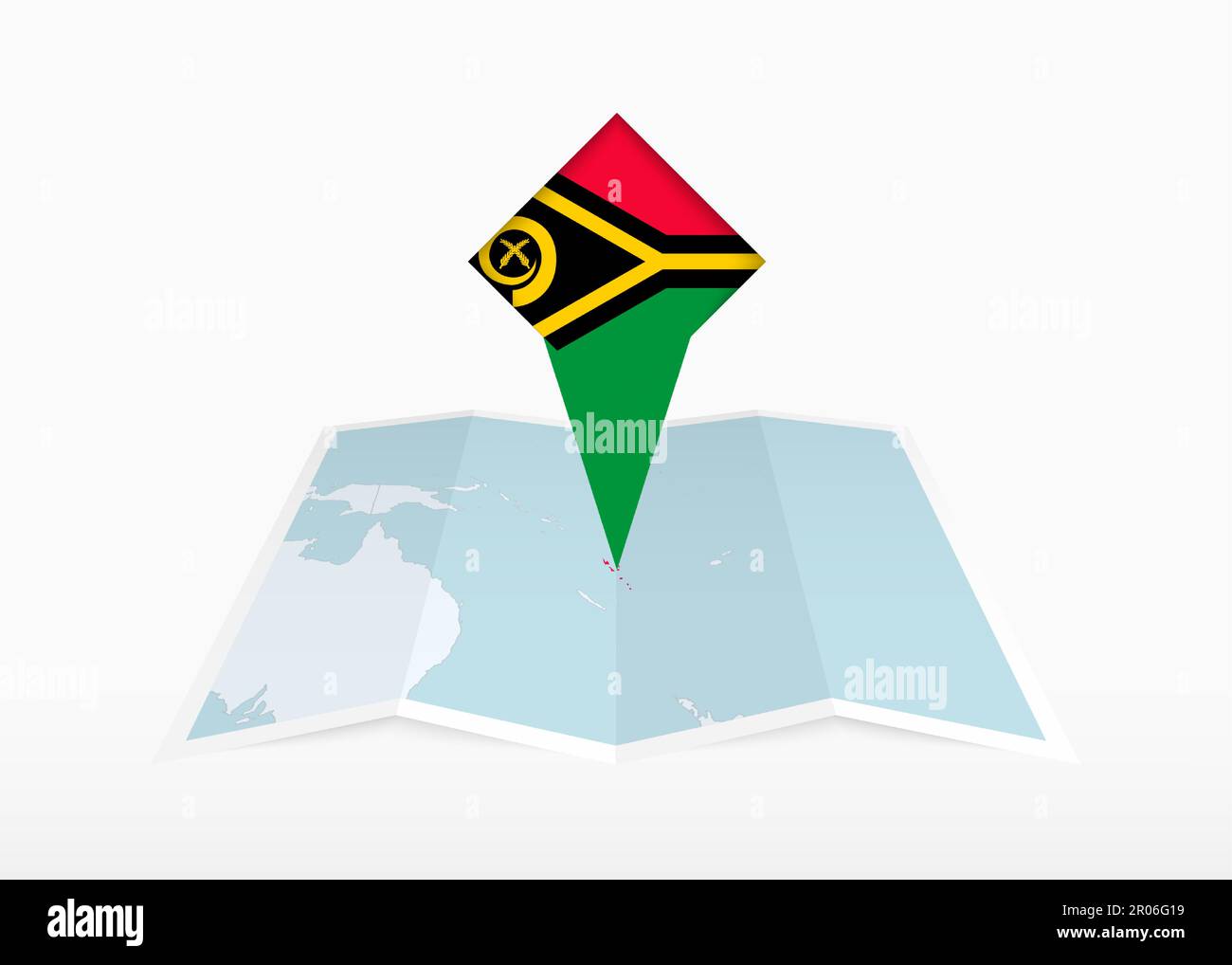 Vanuatu is depicted on a folded paper map and pinned location marker with flag of Vanuatu ...