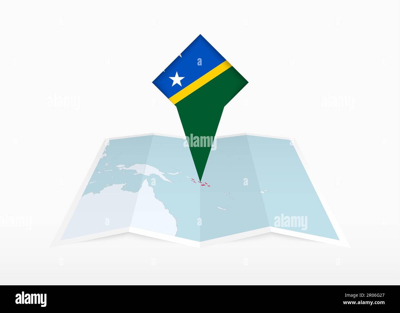 Solomon Islands is depicted on a folded paper map and pinned location ...