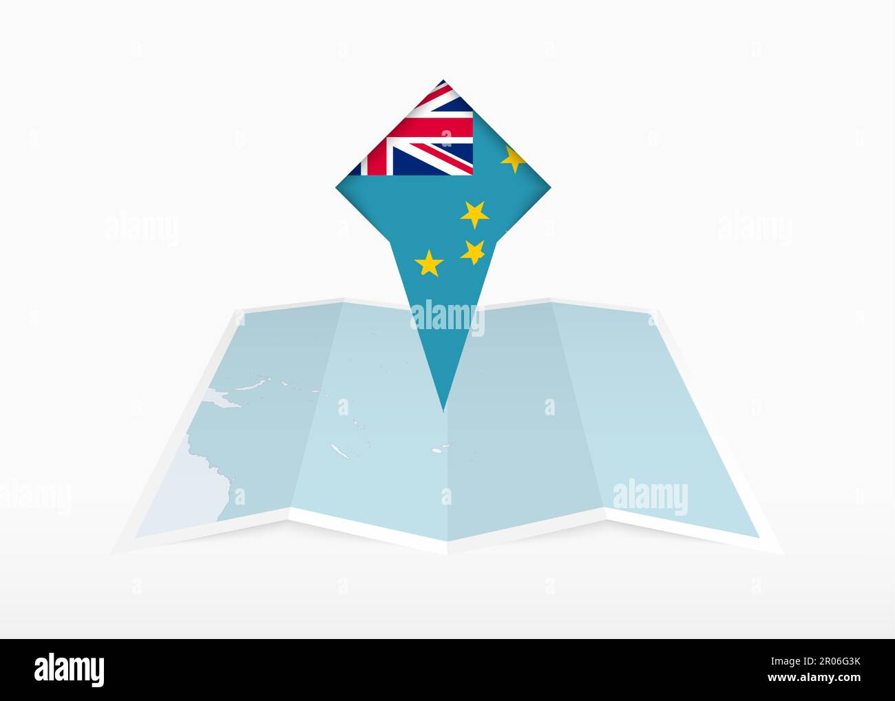 Tuvalu is depicted on a folded paper map and pinned location marker with flag of Tuvalu. Folded ...