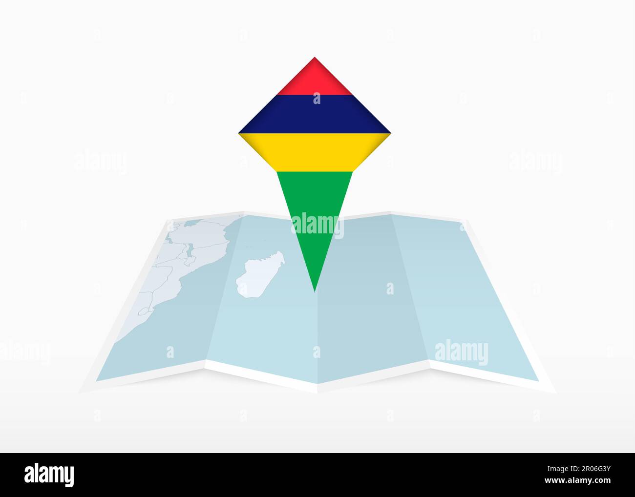 Mauritius Is Depicted On A Folded Paper Map And Pinned Location Marker
