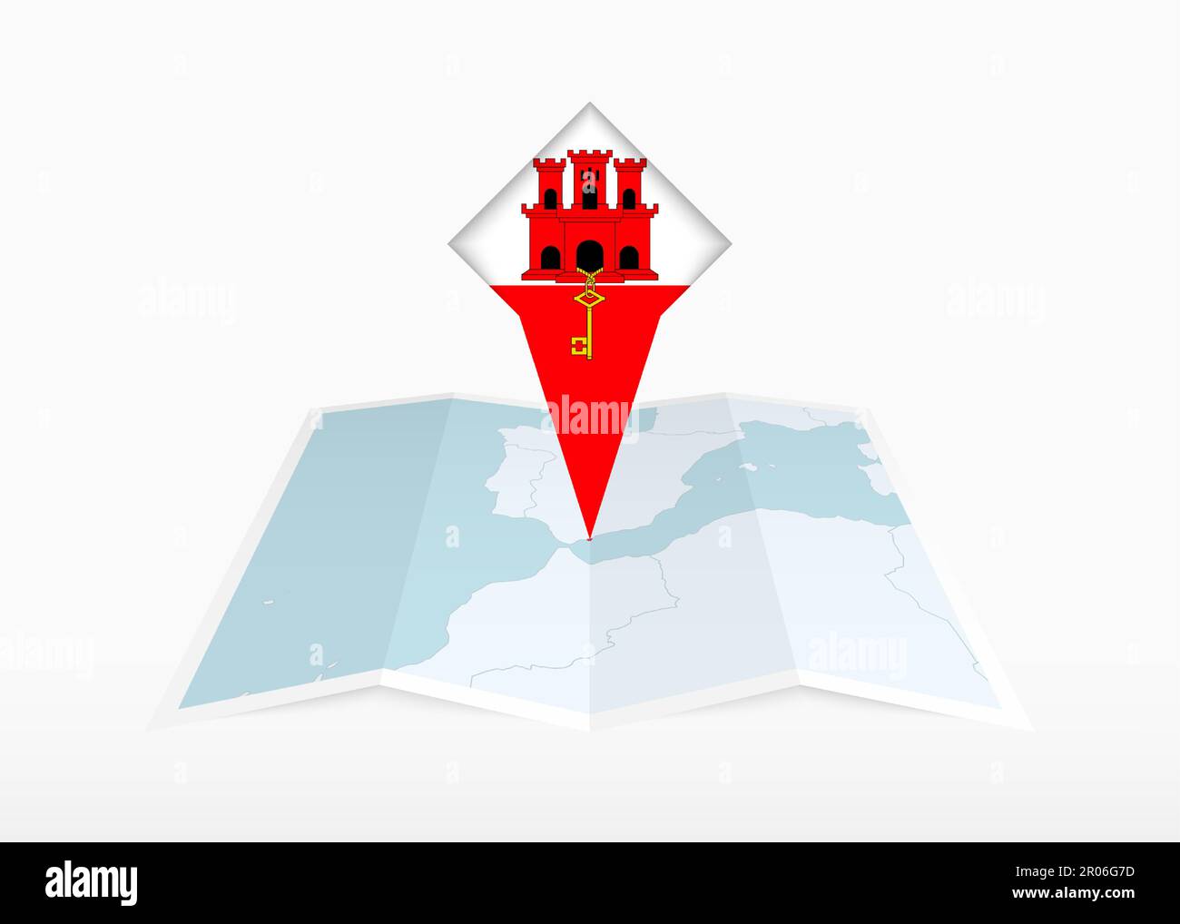 Gibraltar is depicted on a folded paper map and pinned location marker with flag of Gibraltar ...