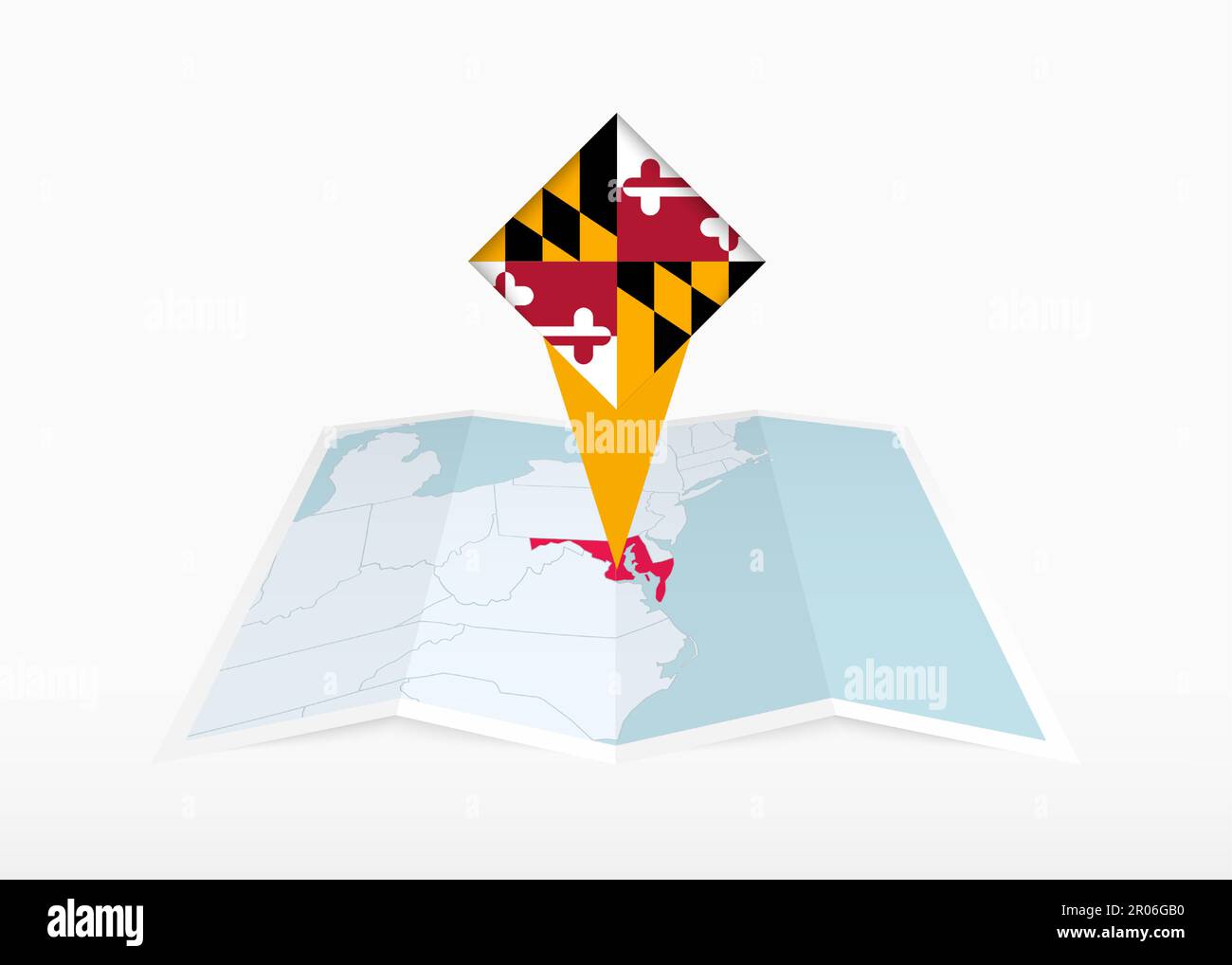 Maryland is depicted on a folded paper map and pinned location marker ...