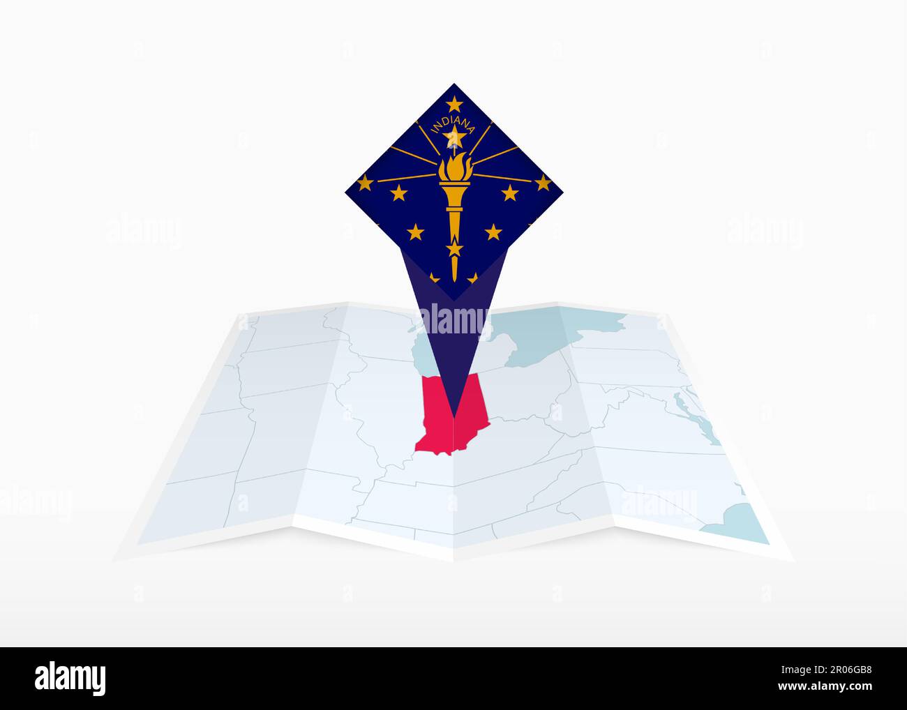 Indiana is depicted on a folded paper map and pinned location marker ...