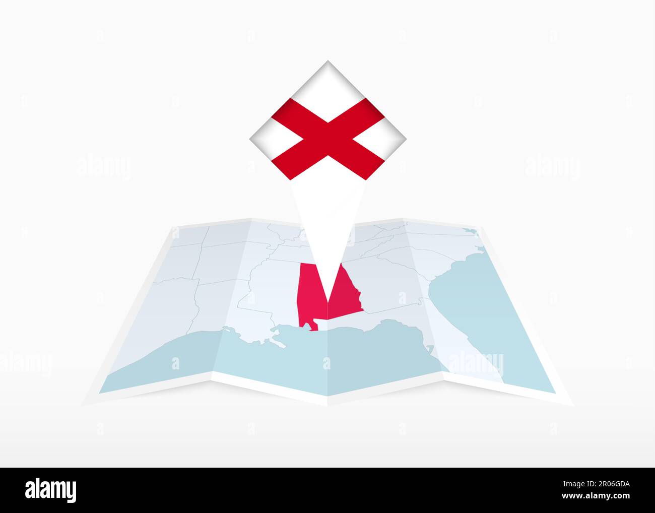 Alabama is depicted on a folded paper map and pinned location marker ...