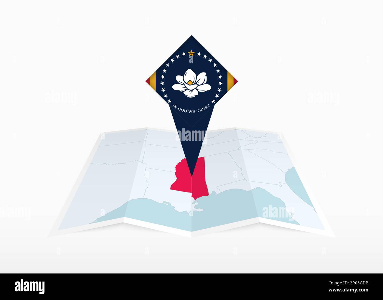 Mississippi is depicted on a folded paper map and pinned location ...