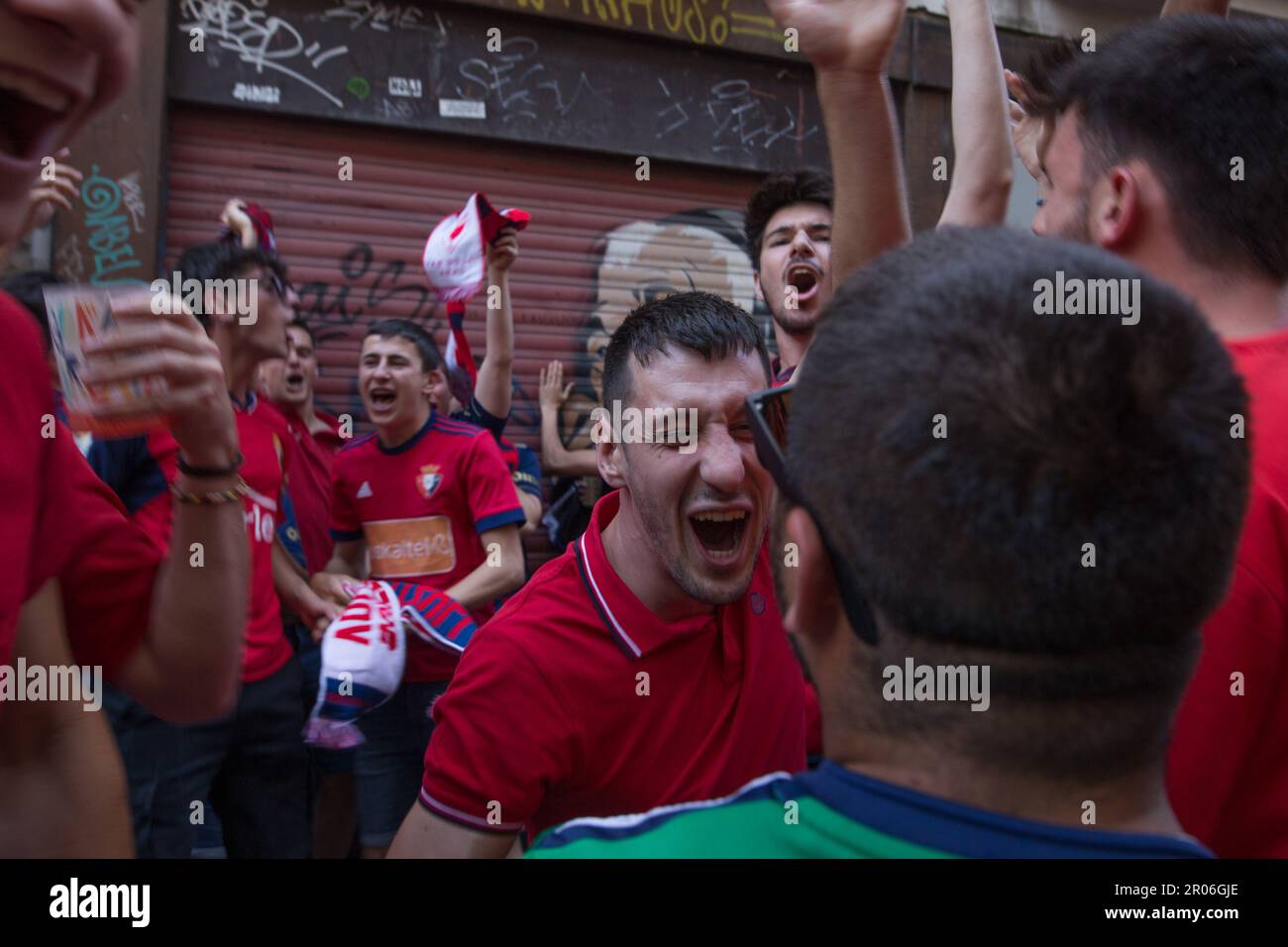 Pamplona, Spain. 06th May, 2023. A group of Osasuna fans sing songs ...