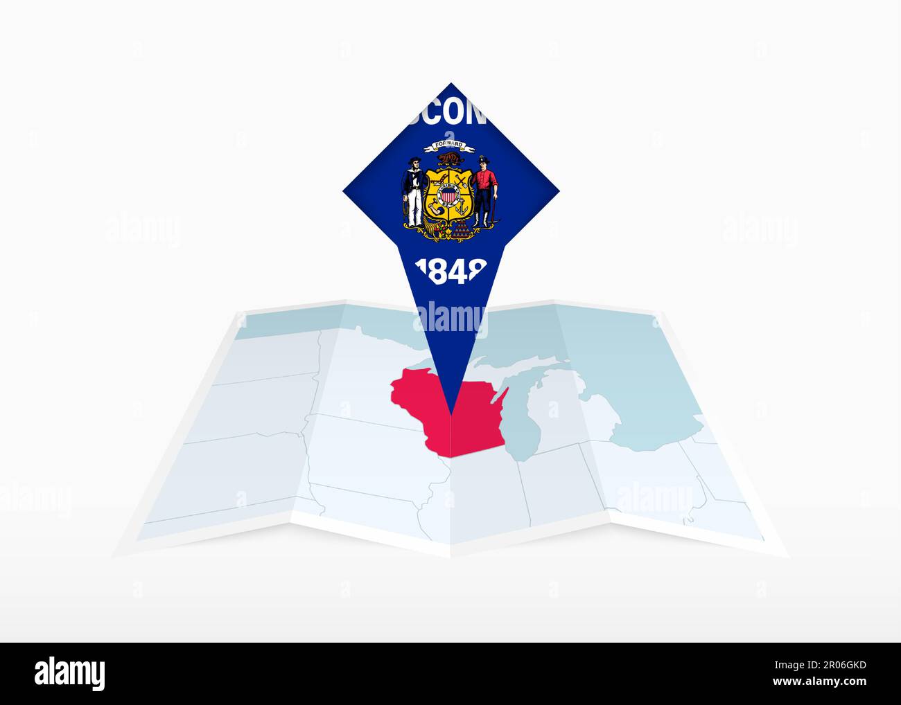Wisconsin is depicted on a folded paper map and pinned location marker ...