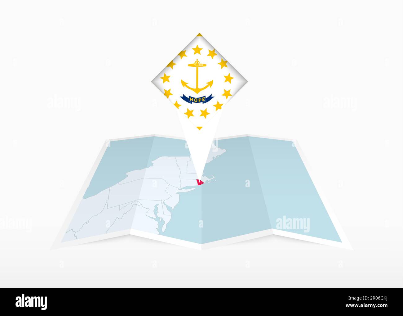 Rhode Island is depicted on a folded paper map and pinned location ...