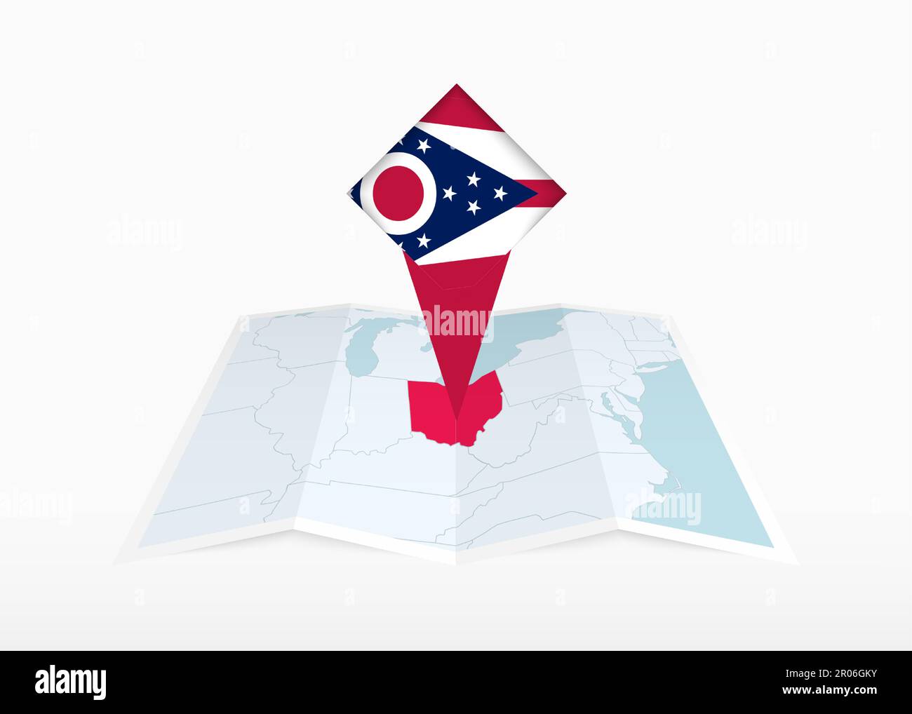 Ohio is depicted on a folded paper map and pinned location marker with ... Ohio is depicted on a folded paper map and pinned location marker with ...
