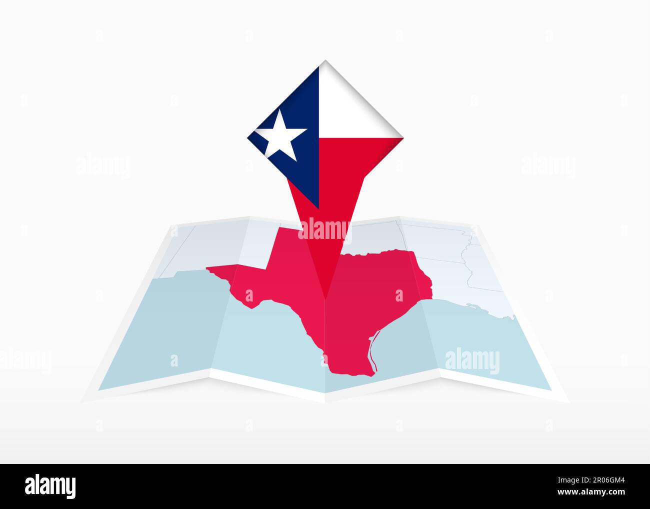 Texas is depicted on a folded paper map and pinned location marker with ...