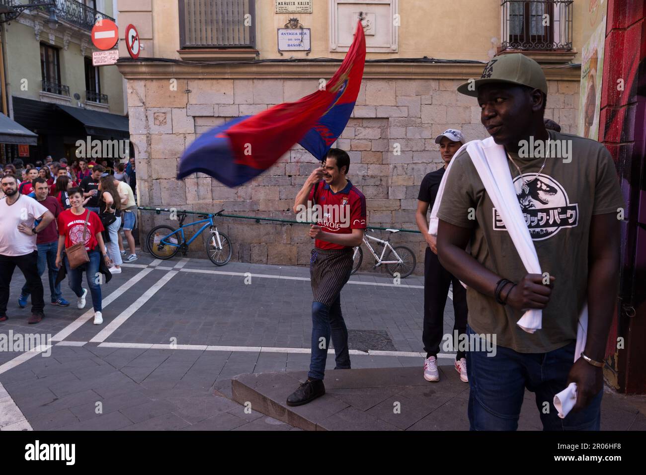 Pamplona, Spain. 06th May, 2023. A man holds the flag of the Osasuna ...